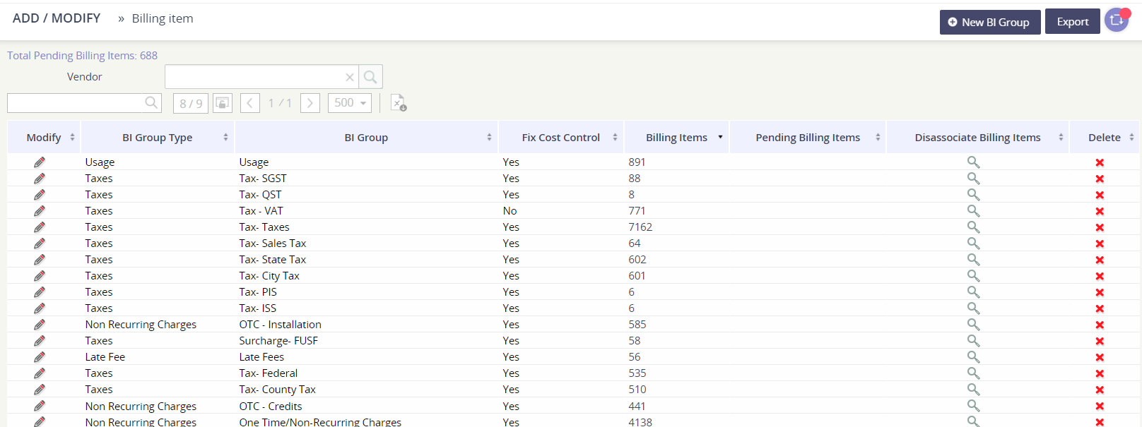 Add/Modify Billing Items Group