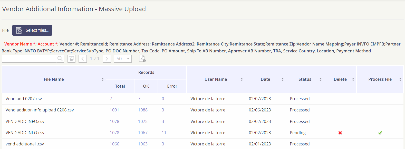 Complete a bulk update for Vendor Additional Information